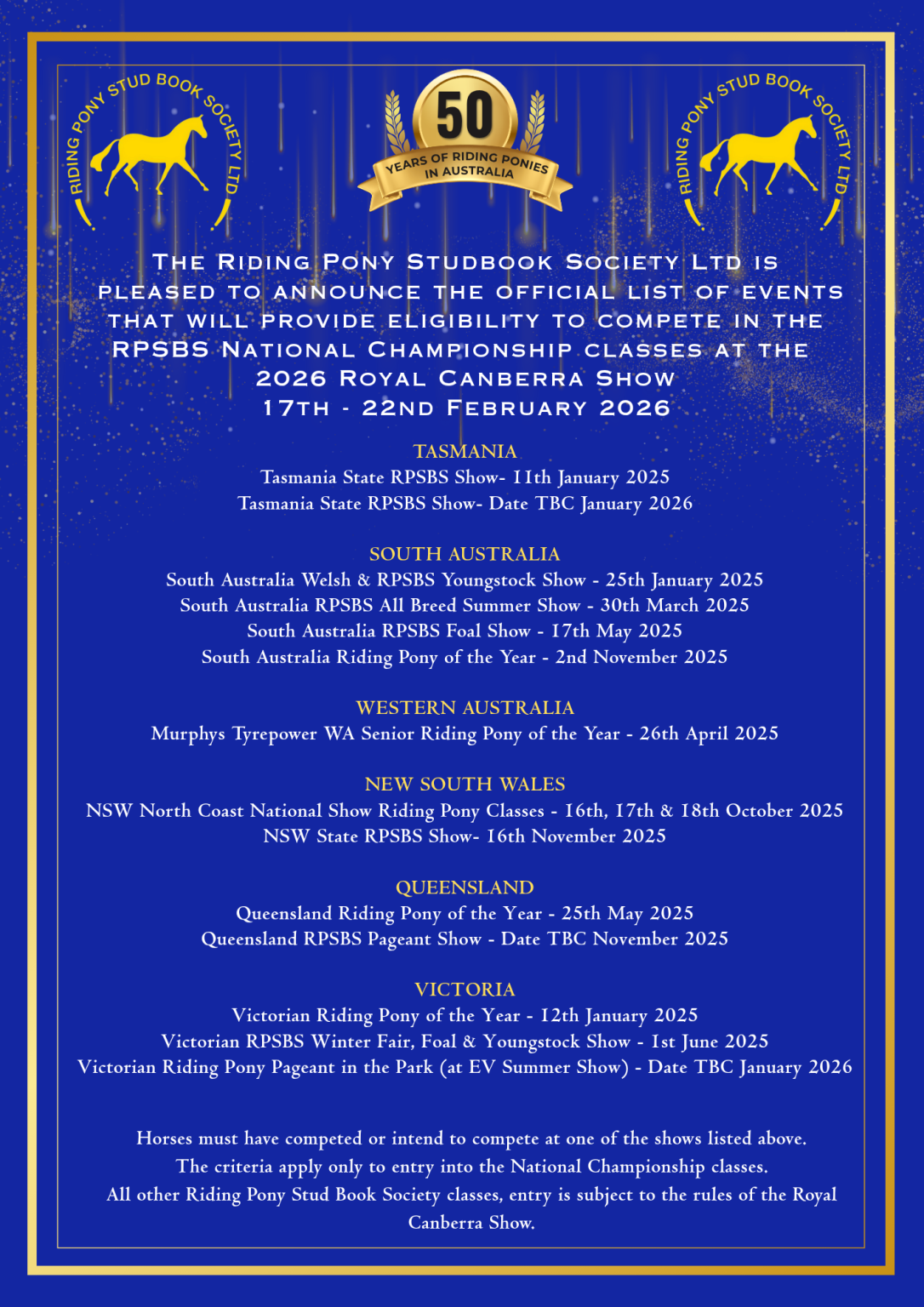 Qualifying shows for the 2026 Royal Canberra Show 50th year Jubilee ...